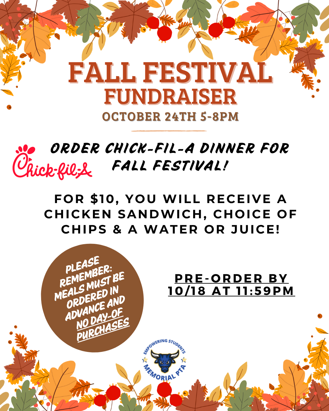 Chick Fil A Pre Order | MEMORIAL ELEMENTARY PTA